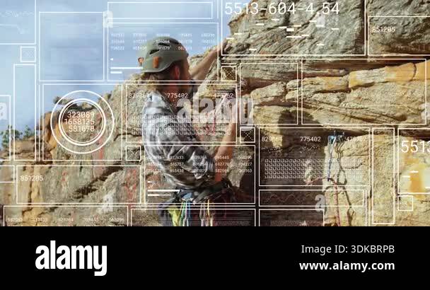 Climber tapping quickdraw and launching digital overlay, climbing rock ...