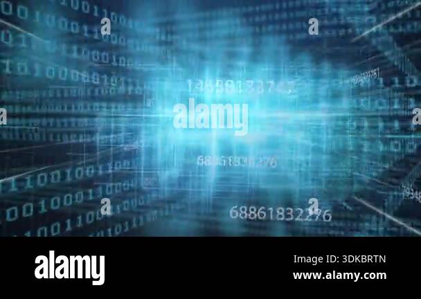 scrolling binary code initiating rotation 3D grid expanding and ...