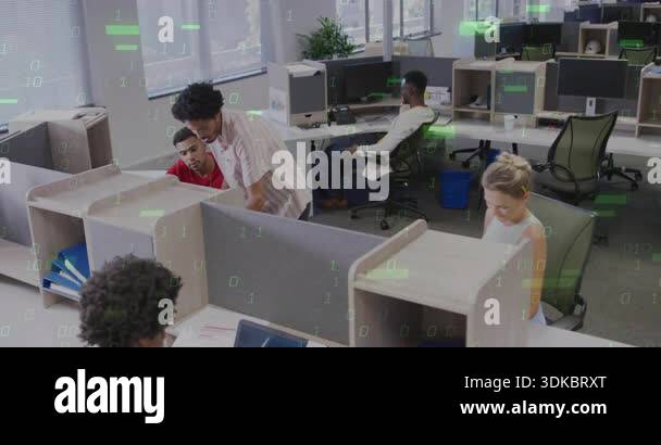 Binary code floating in tech office overlaying systems and merging data ...