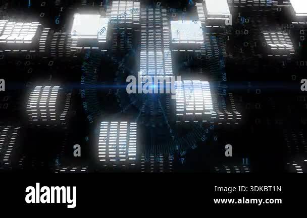 Opening blue light initiating panel forming, binary code rising and ...