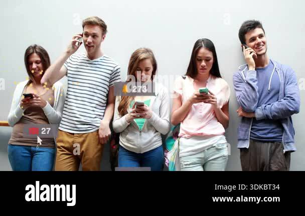 Group tapping phones, causing animated alerts swirling around group for ...