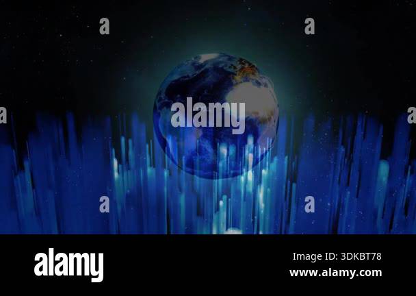 After globe emerging 3D Earth spinning above pillars while orange ...
