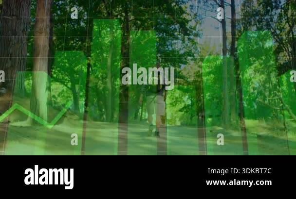 hiker walking forest trail initiating green bar chart drawing neon line ...