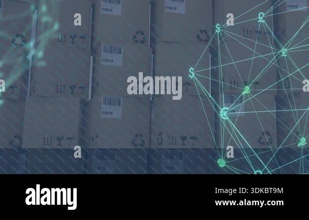 Glowing green network emerging from right edge linking supply-chain ...