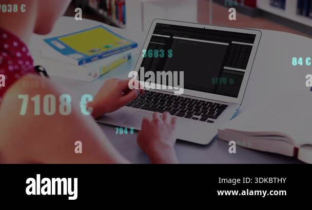 Teenage student typing commands on laptop in library area, summoning ...