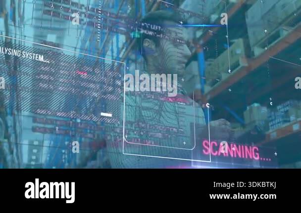 Warehouse specialist scanning shelf with tablet, initiating analysis ...