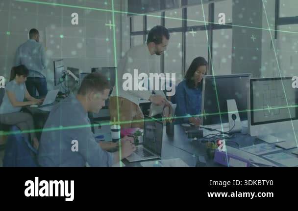 Green digital grid animating in tech hub as man stepping presenting ...