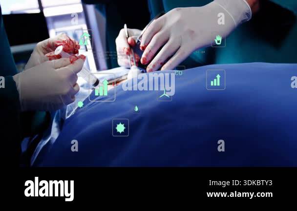 Surgical team angling syringe and drawing fluid, cauterizing vessel ...