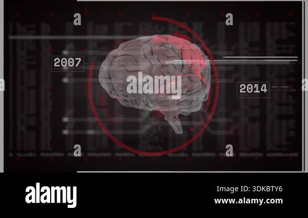 Gray 3D brain rotating on startup, red scanning arc pulsing, drawing ...