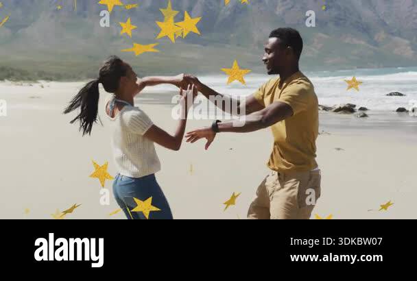 Couple clasping hands on beach initiating dance with animated stars ...