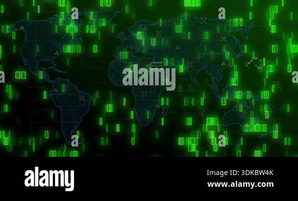 World map appearing, cascading green bars, data symbols linking and ...