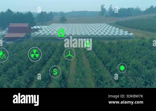 Drone approaching greenhouse revealing energy icons orbiting and fading ...