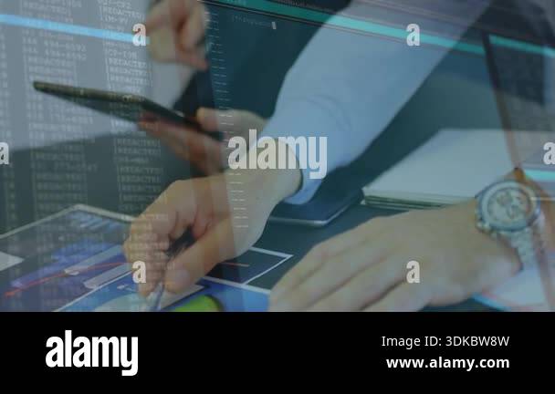 male lifting pen initiating code overlay while female swiping tablet ...