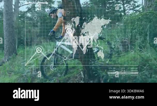Cyclist pedaling uphill on forest trail activating fitness analytics ...