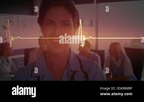 Hospital nurse initiating yellow ECG line scanning face for briefing as ...