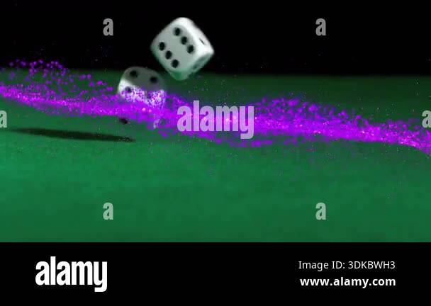 Descending white dice bouncing across green-felt while scattering ...