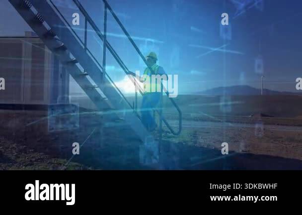 Construction worker ascending stairs triggers tech overlay and padlock ...