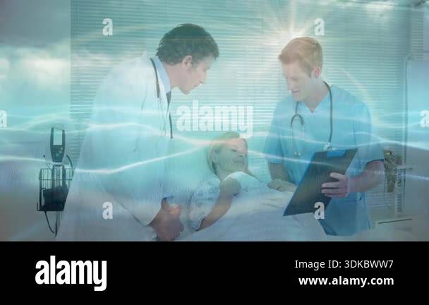 Physician entering room pointing chart to patient and explaining plan ...