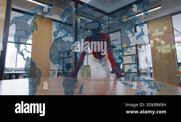 Woman wearing VR headset leaning on table pressing tabletop, activating ...