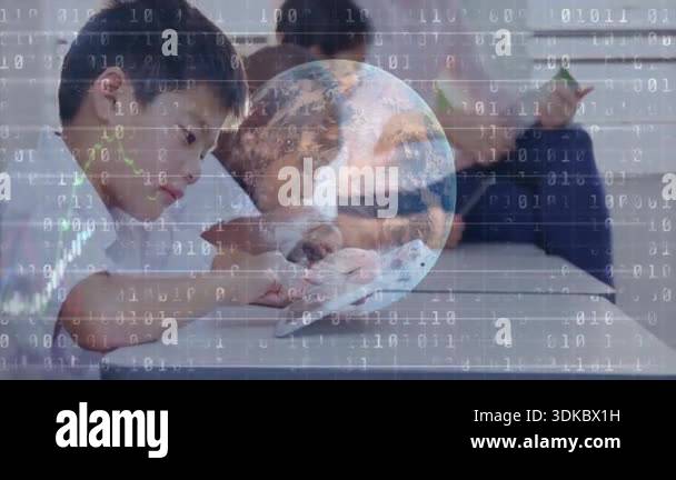 Boy tapping tablet activating globe and binary code graph, mother ...