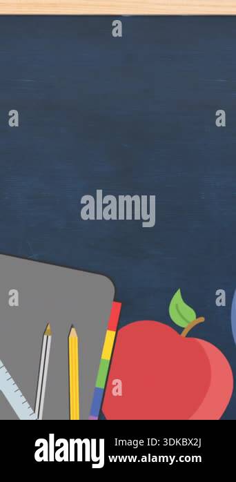 Animation of school icons and copy space over black background. Global ...