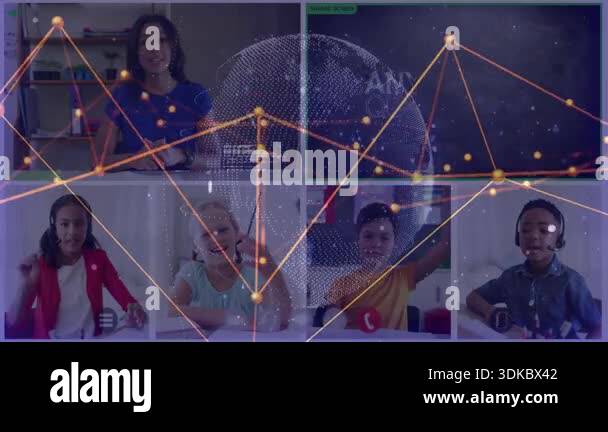 Educator starting lesson with globe network pulsing students raising ...