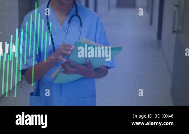 Nurse flipping charts in hospital hall starting rising bar graph ...