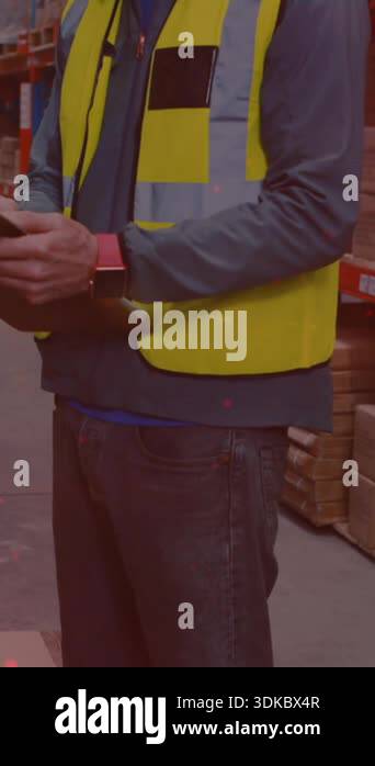 Animation of glowing spots of light over caucasian man with clipboard ...