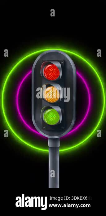 Animation of traffic light over neon circles moving on black background ...