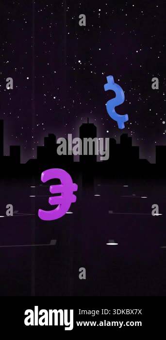 Animation of currency symbols over cityscape on black background ...