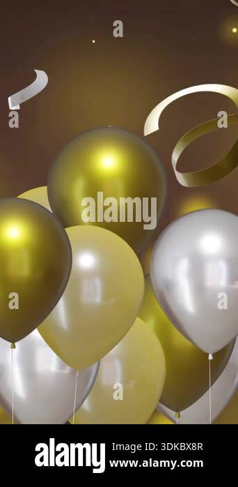 Animation of gold and silver balloons with party streamers on gold ...