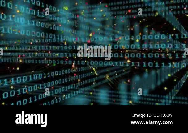 At start, glowing 3D binary grid pulsing nodes scrolling code ...