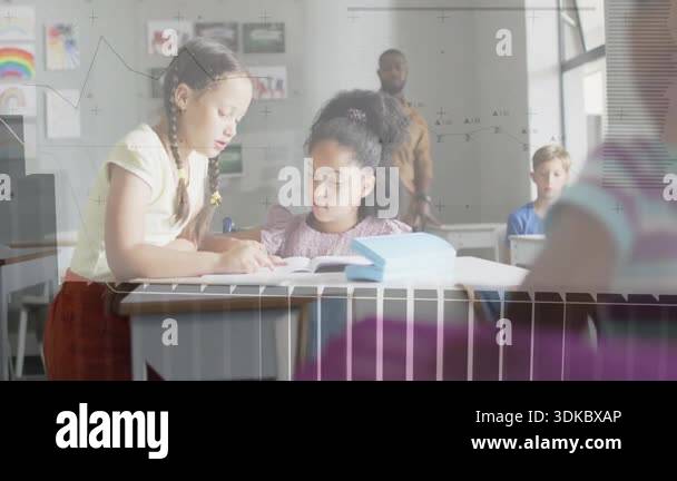 Girl pointing at workbook starting animated graph or chart overlays ...