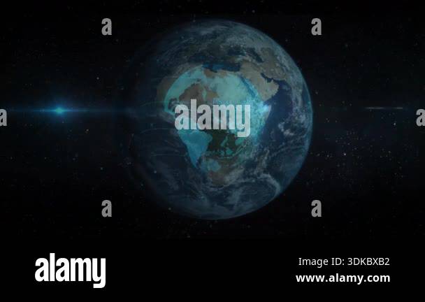 Lens flare starting 3D globe emerging and rotating with pulsing overlay ...
