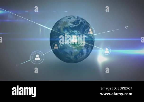 On rotation start, 3D Earth spawning user icons linking with glowing ...