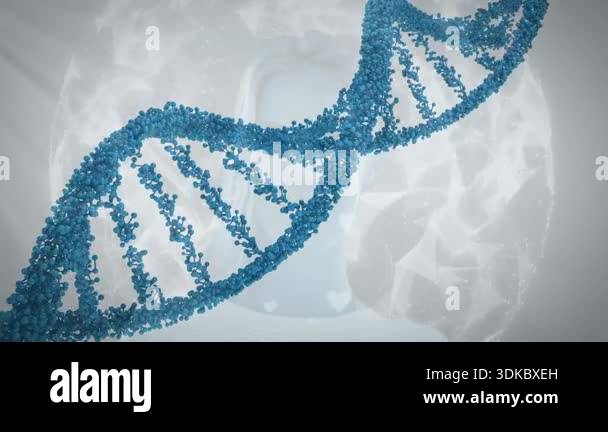 Blue DNA helix rotating upward and revealing grooves over glowing ...