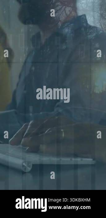 Animation of graphs and low angle view of sun through grass, diverse ...