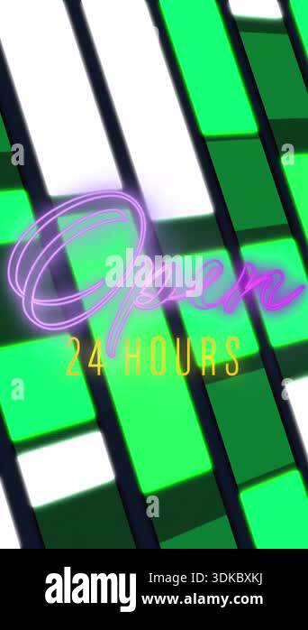 The animation shows a yellow neon billboard with the words open 24 ...