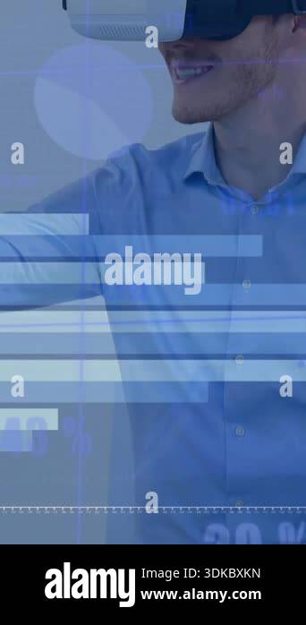 Animation of financial data processing over caucasian man using vr ...