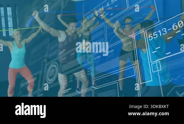 Fitness coach guiding group squatting with bands following cue, digital ...