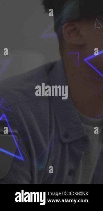 Animation of neon shapes over african american man with his son using ...