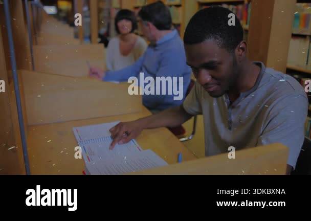 Male student entering library placing textbook finger-tracking text ...