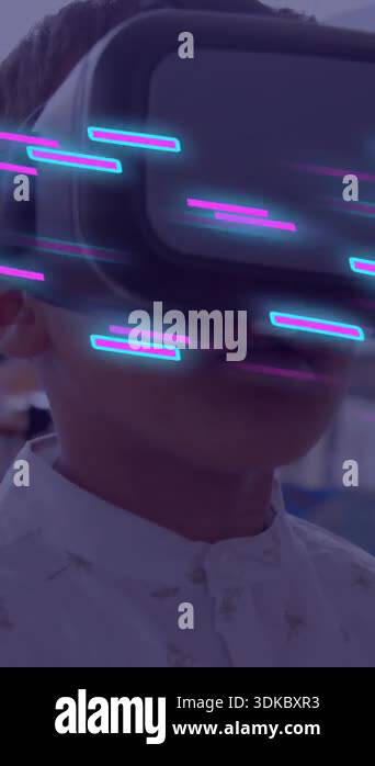 Animation of glowing light trails of data transfer over boy in vr ...
