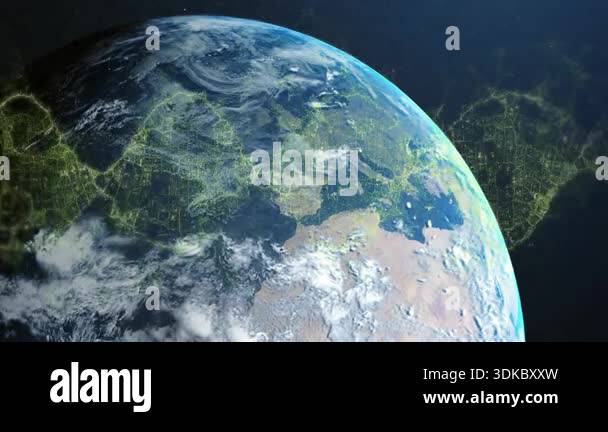 As sunlight fading sparking Earth rotating showing green grid expanding ...