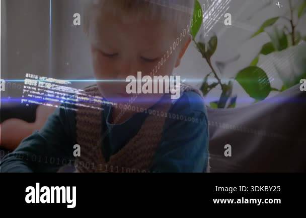 Binary code overlay flickering and leading boy at table molding blue ...