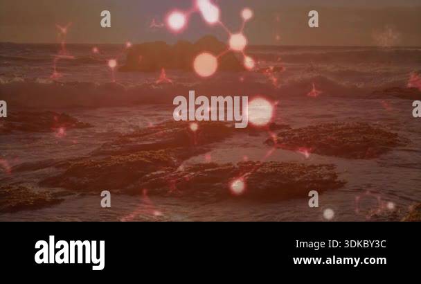 Sun dipping below horizon, red molecular graphics forming over tide ...