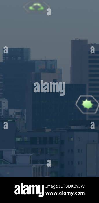 Animation of icons over cityscape. Global business, computing and ...