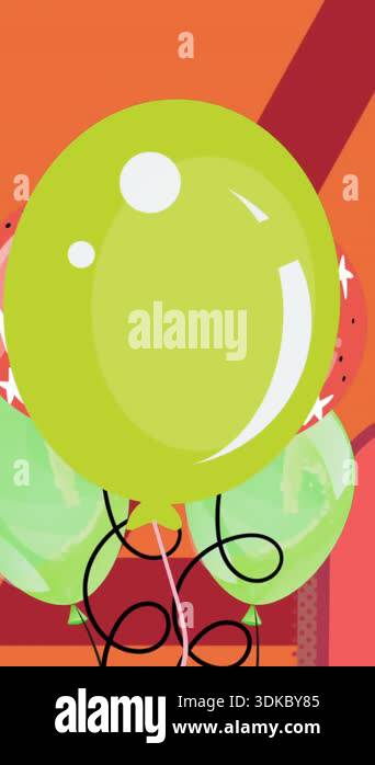 Animation of colorful balloons flying over red background. party and ...