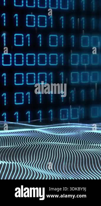 Binary code and digital waves, data processing animation. Technology ...