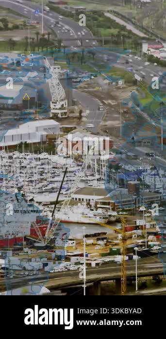 Animation of world map and data processing against aerial view of ...